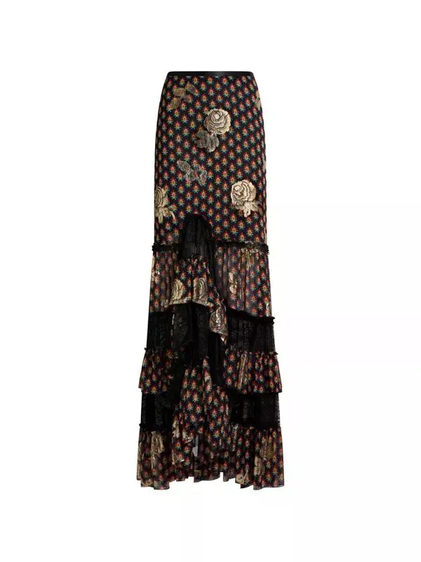 Etro Roses Pattern Lace Asymmetric Skirt - Black