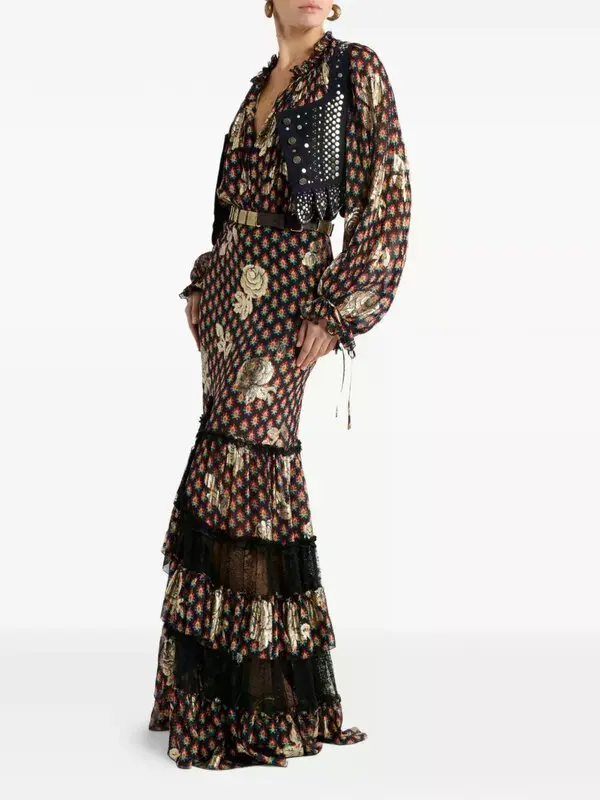 Etro Roses Pattern Lace Asymmetric Skirt - Black