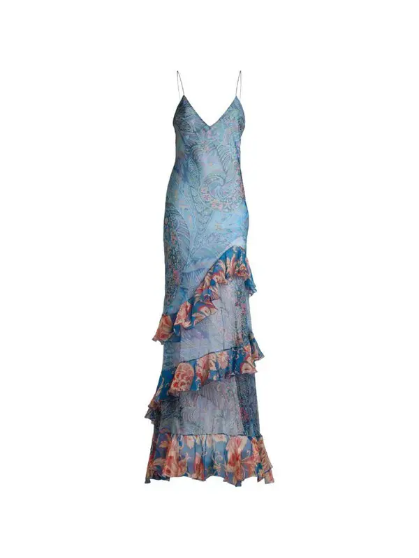 Etro Long Silk Dress With Ruffles And Floral Motif - Blue