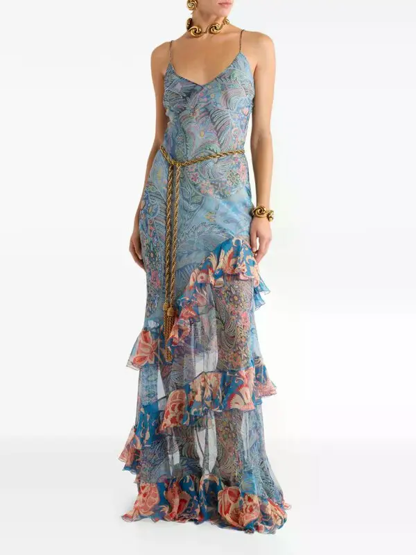 Etro Long Silk Dress With Ruffles And Floral Motif - Blue