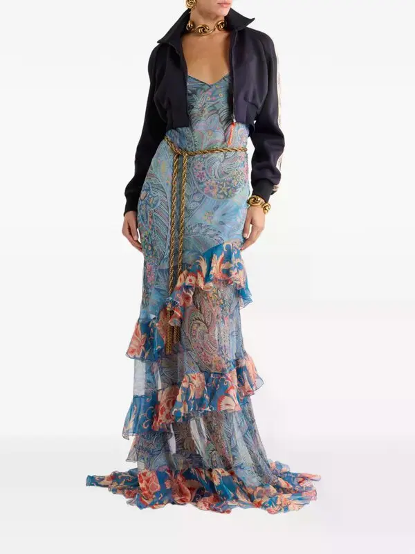 Etro Long Silk Dress With Ruffles And Floral Motif - Blue