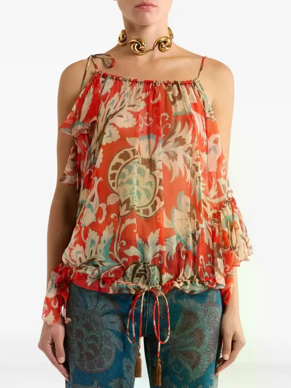 Etro One-sleeved Floral Silk Chiffon Top - Red