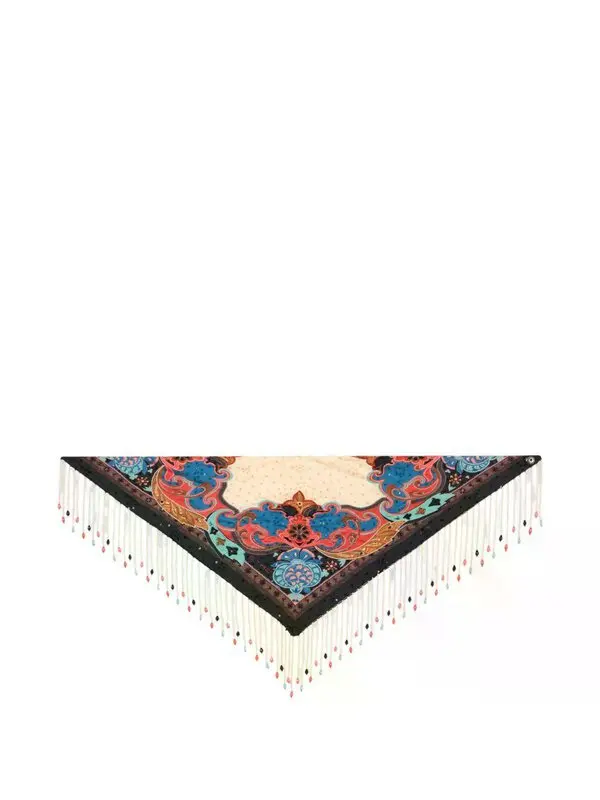 Etro Silk Scarf With Placed Print And Bead-adorned Fringing - Black