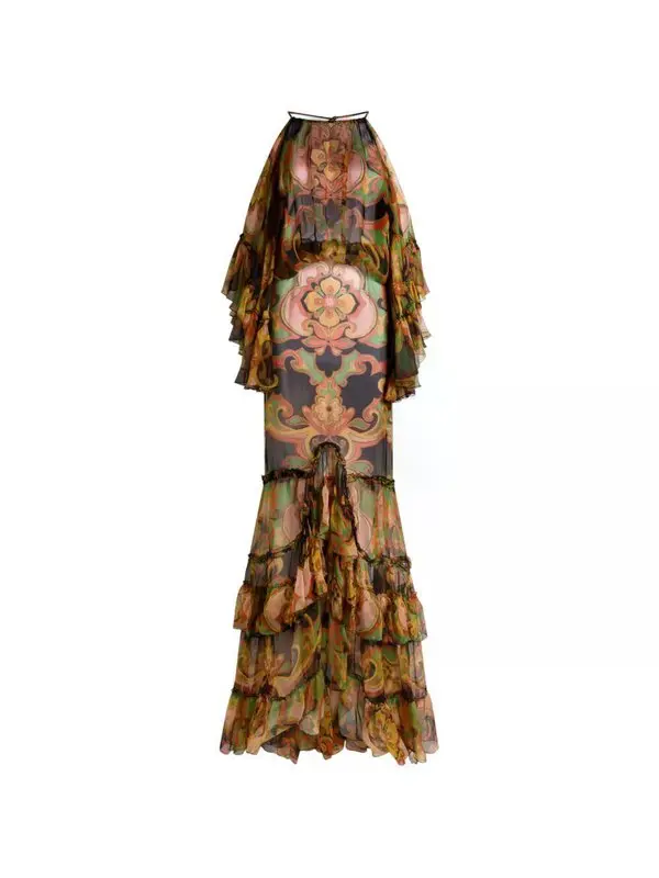 Etro Long Silk Ruffled Floral Print Dress - Brown