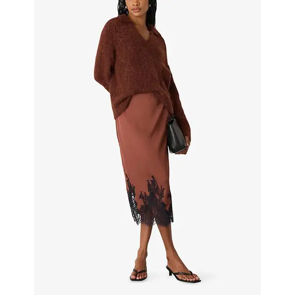 Whistles Lace-hem Satin Midi Skirt