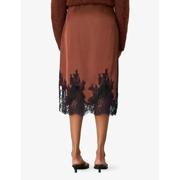 Whistles Lace-hem Satin Midi Skirt