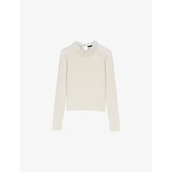 Maje Embellished Collar Ribbed Wool-blend Jumper - Ecru