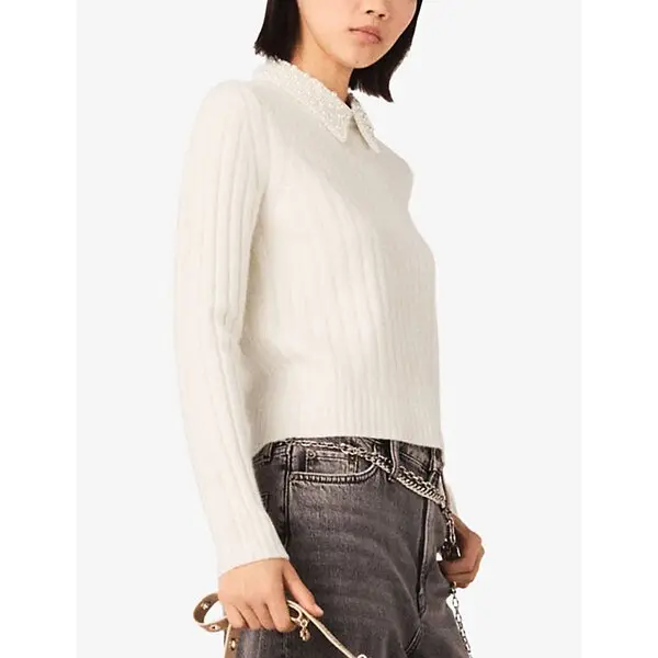 Maje Embellished Collar Ribbed Wool-blend Jumper - Ecru