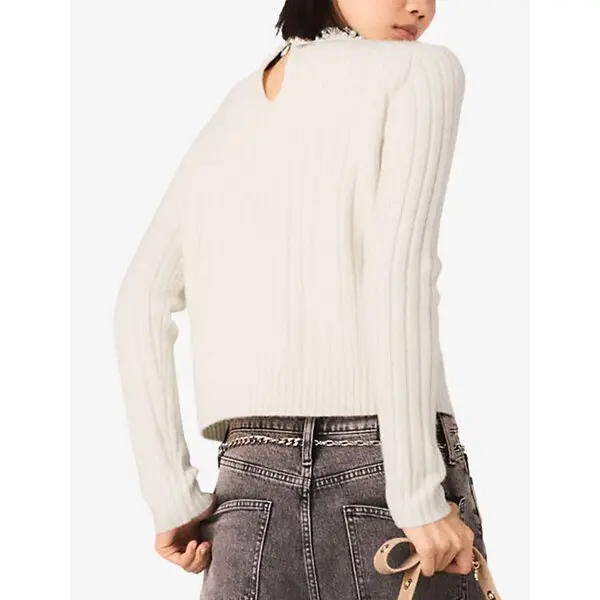 Maje Embellished Collar Ribbed Wool-blend Jumper - Ecru