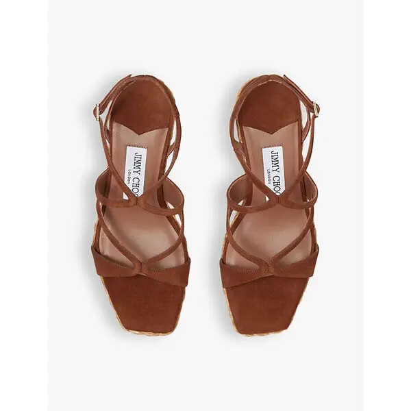 JIMMY CHOO Ayla 85 Suede And Raffia Wedge Sandals