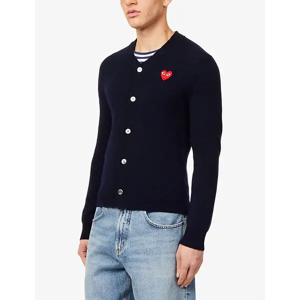 Play Comme Des Garcon Comme Des Garçons Play Wool Cardigan With Embroidered Heart - Navy