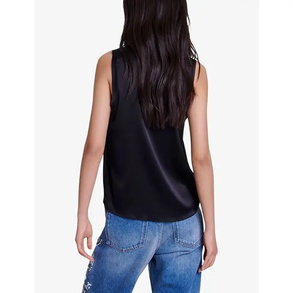 Maje Round Neck Sleeveless Stretch-silk Top - Noir / Gris