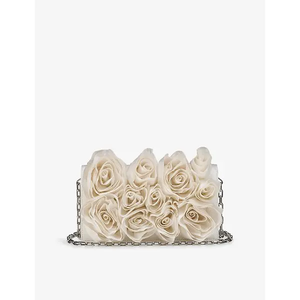 CHRISTIAN LOUBOUTIN Bettina Rose-embroidered Silk Clutch Bag - Bianco