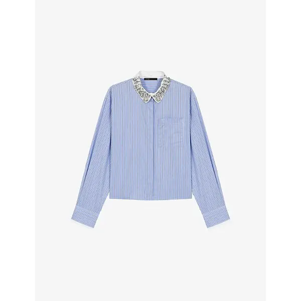 Maje Striped Cotton Shirt With Embellished Detachable Collar - Blue Sky