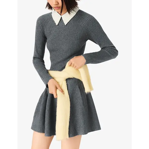 Maje Ribbed Beaded-collar Stretch-knit Mini Dress - Grey