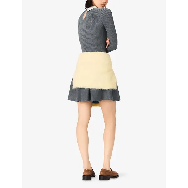 Maje Ribbed Beaded-collar Stretch-knit Mini Dress - Grey