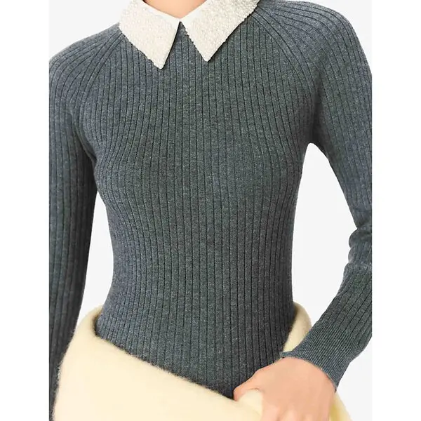Maje Ribbed Beaded-collar Stretch-knit Mini Dress - Grey