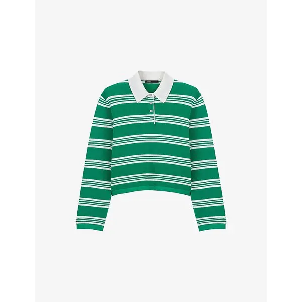 Maje Striped Cropped Cotton-blend Polo Jumper - Green