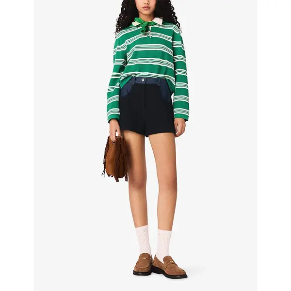 Maje Striped Cropped Cotton-blend Polo Jumper - Green