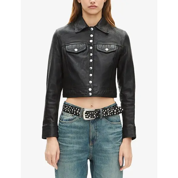 The Kooples Cropped Leather Jacket With Branded Hardware