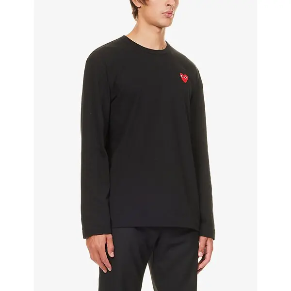 Play Comme Des Garcon Long Sleeve Cotton Top With Heart Appliqu - Black