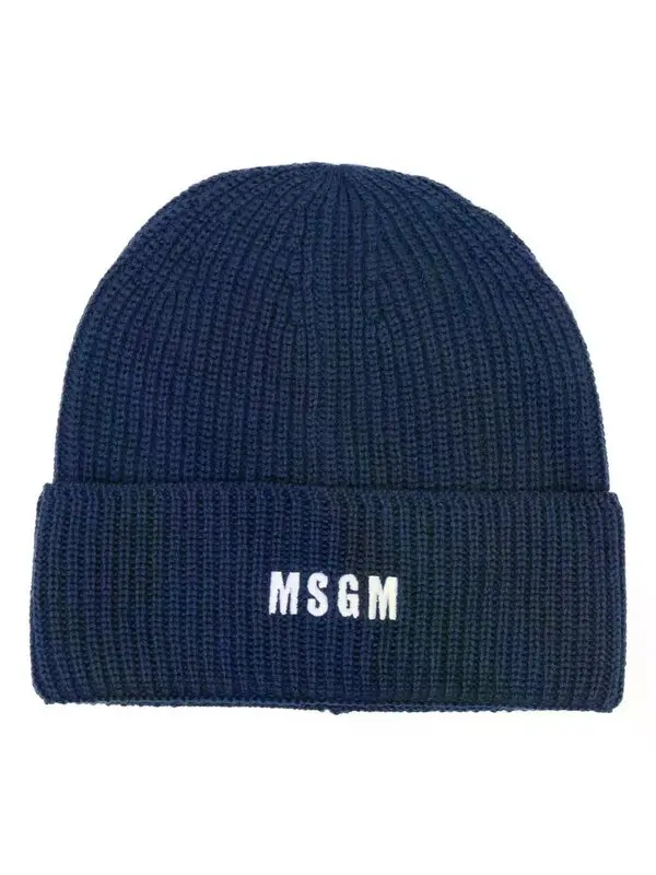 MSGM Logo Embroidered Ribbed Knit Beanie - Blue