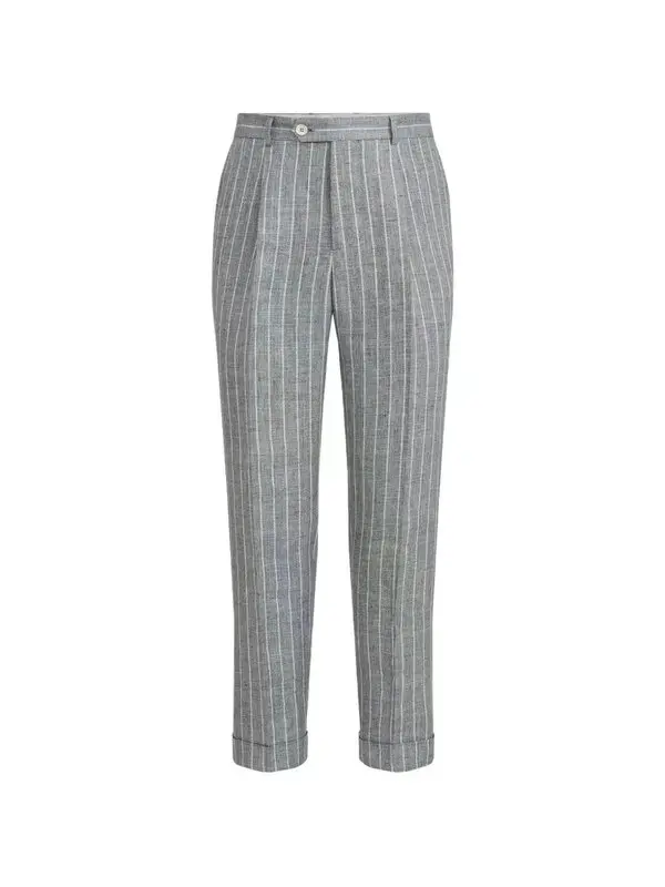 Brunello Cucinelli Chalk Stripe Linen Twill Trousers With Pleat - Grey