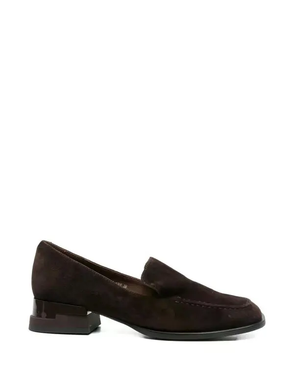 LINDA BAUMANN Suede Square Toe Block Heel Loafers - Brown