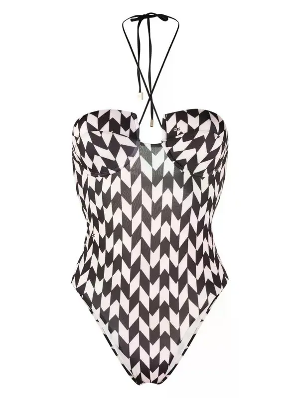 Elisabetta Franchi Geometric-print Halterneck Swimsuit - Neutrals
