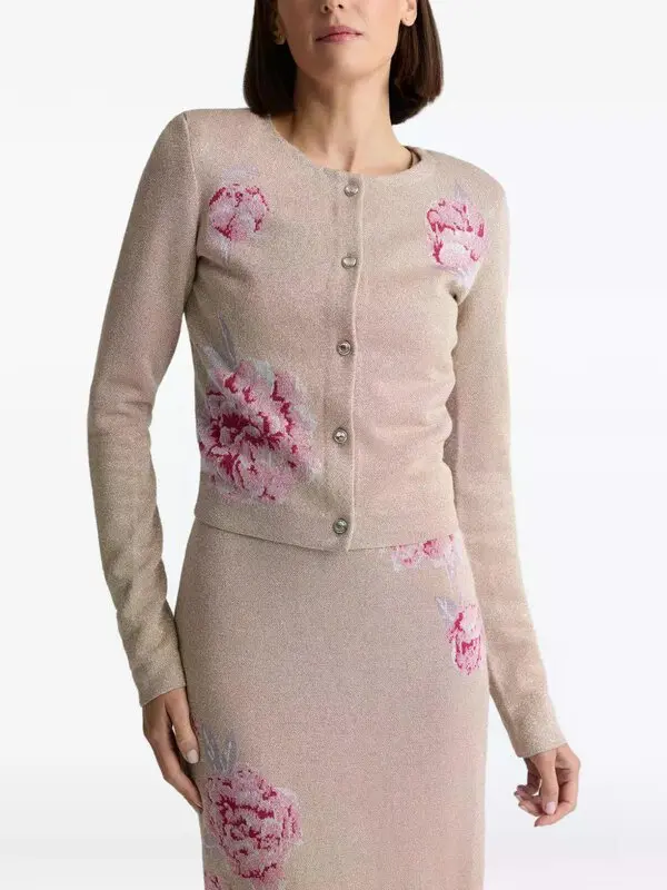 St. John Metallic Jacquard Knit Jacket With Floral Print