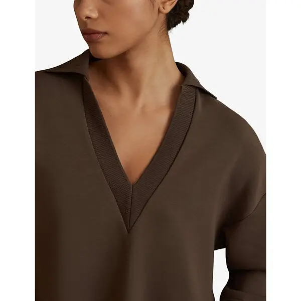 REISS Bernie Open Collar Relaxed Fit Stretch-woven Jumper - Chocolate