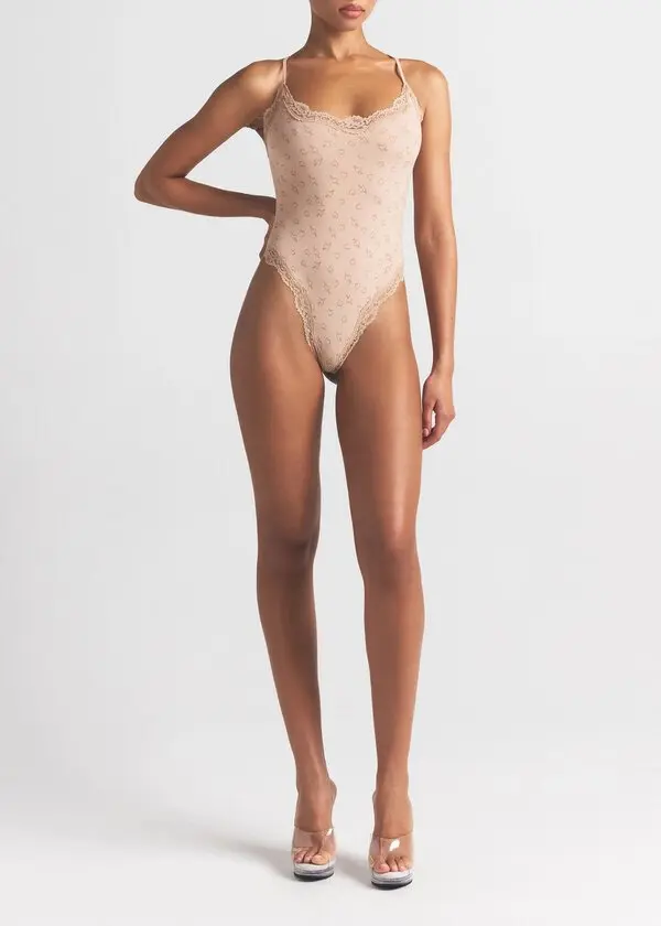 SKIMS Printed Lace-trim Stretch-jersey Bodysuit