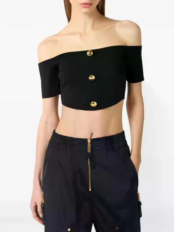 Elisabetta Franchi Cropped Off-the-shoulder Knit Top With Gold Buttons - Black