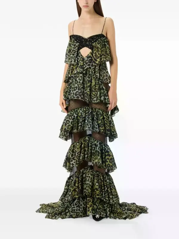 Blumarine Tiered Ruffled Animal Print Maxi Dress