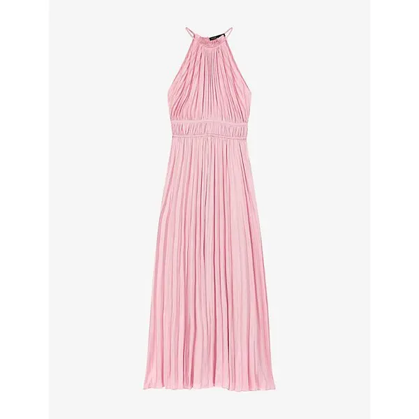 Maje High-neck Pleated Maxi Dress - Pink