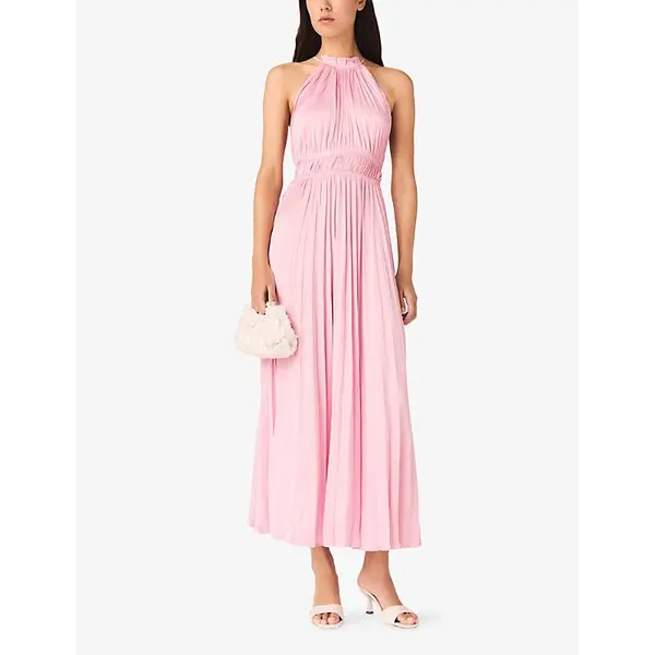 Maje High-neck Pleated Maxi Dress - Pink