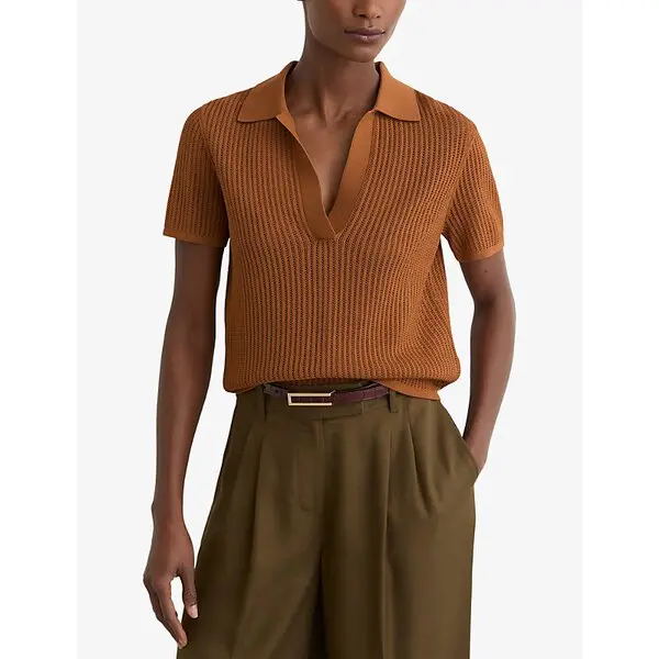 REISS Pippa Open-stitch Woven Polo Shirt - Rust Orange