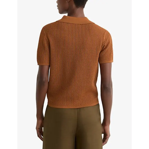 REISS Pippa Open-stitch Woven Polo Shirt - Rust Orange