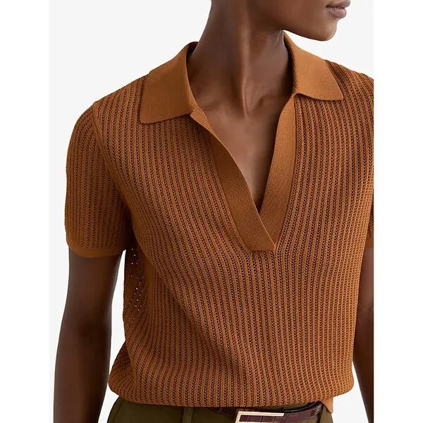 REISS Pippa Open-stitch Woven Polo Shirt - Rust Orange
