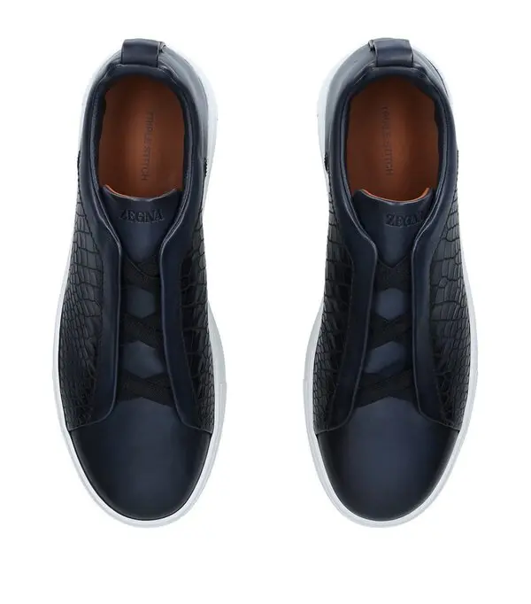 Zegna Crocodile Leather Triple Stitch Sneakers - Navy