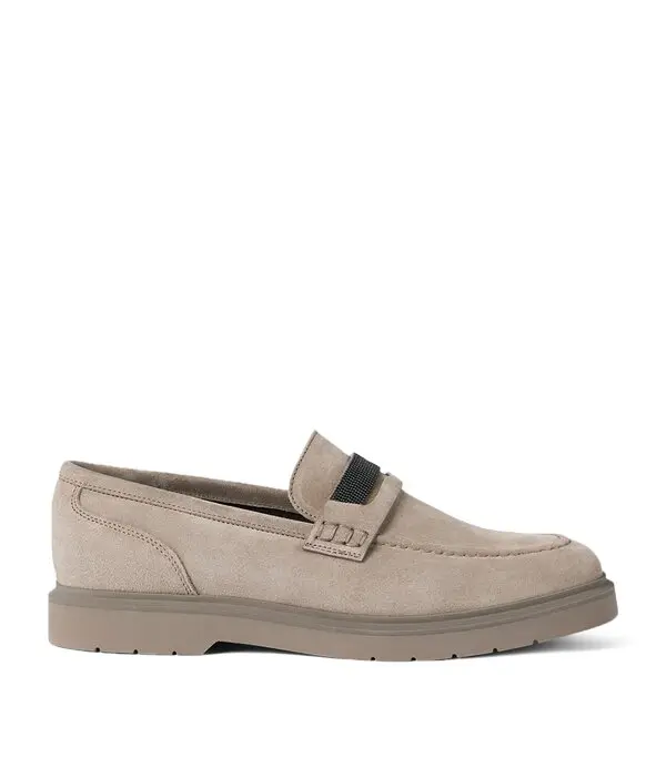 Brunello Cucinelli Suede Monili Penny Loafers - Beige