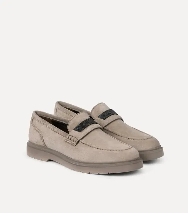 Brunello Cucinelli Suede Monili Penny Loafers - Beige