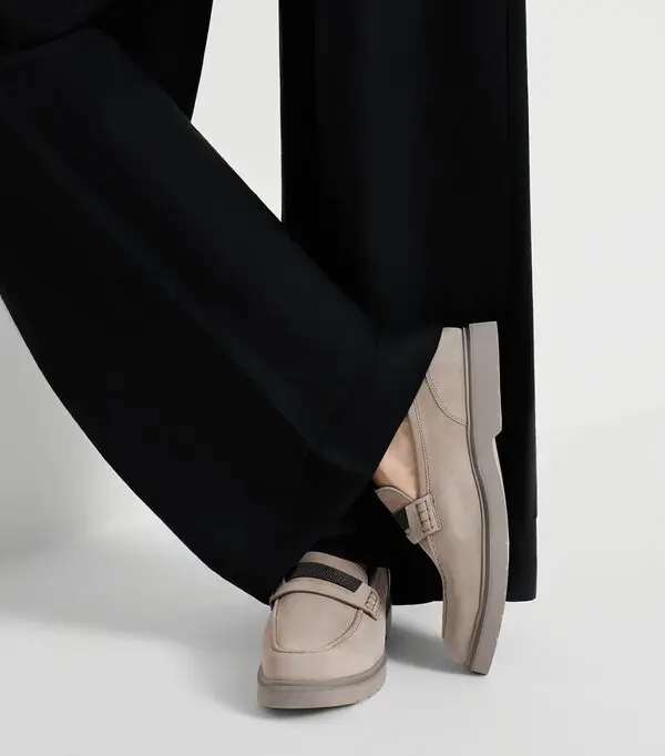 Brunello Cucinelli Suede Monili Penny Loafers - Beige