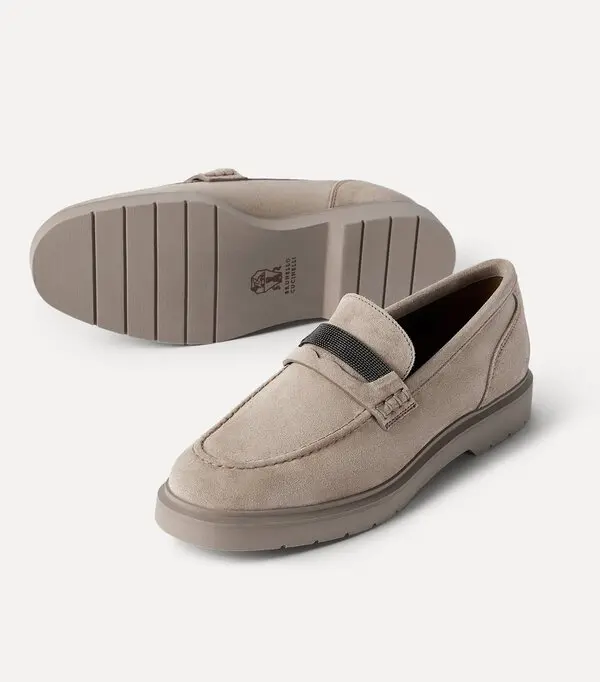 Brunello Cucinelli Suede Monili Penny Loafers - Beige