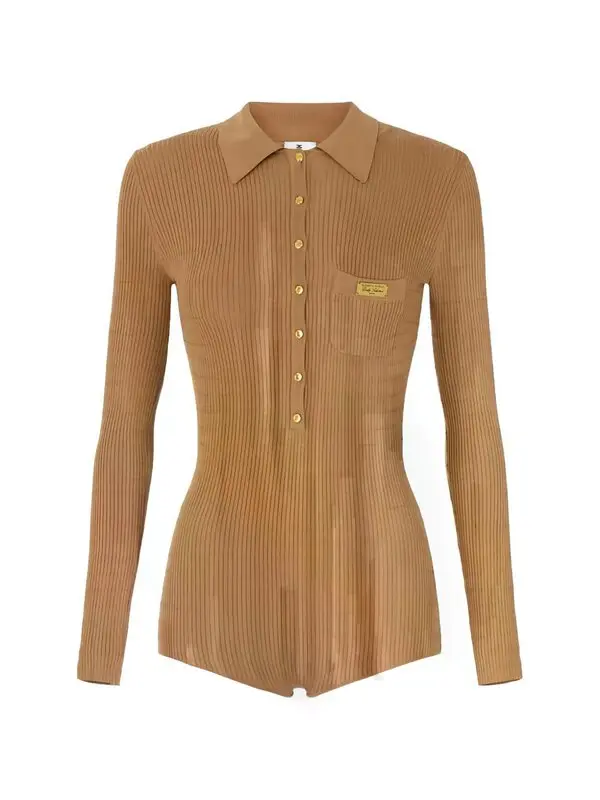 Elisabetta Franchi Long-sleeved Ribbed Knit Jumpsuit - Brown
