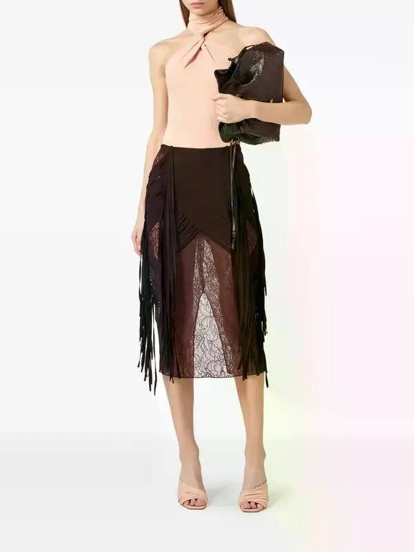 Elisabetta Franchi Floral Lace Fringed Midi Skirt - Brown