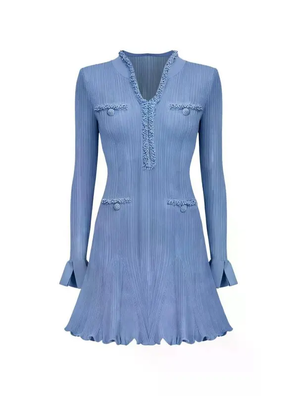 SELF-PORTRAIT Pearl Trim Mini Knit Dress - Blue