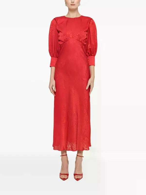 NISSA Puff-sleeve Midi Dress In Floral - Red