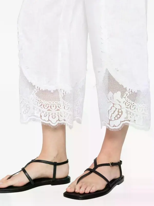 TWINSET Lace-trimmed Cropped Linen Trousers - White