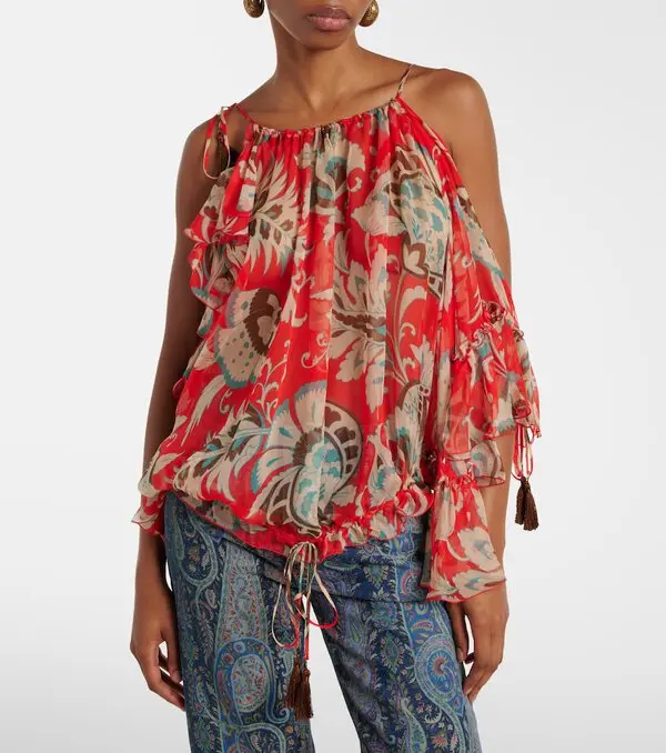 Etro Printed Ruffled Silk Top - Red